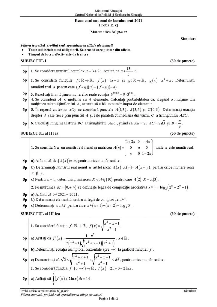 Barem Matematică simulare BAC 2021. Grila de corectare a subiectelor la ...
