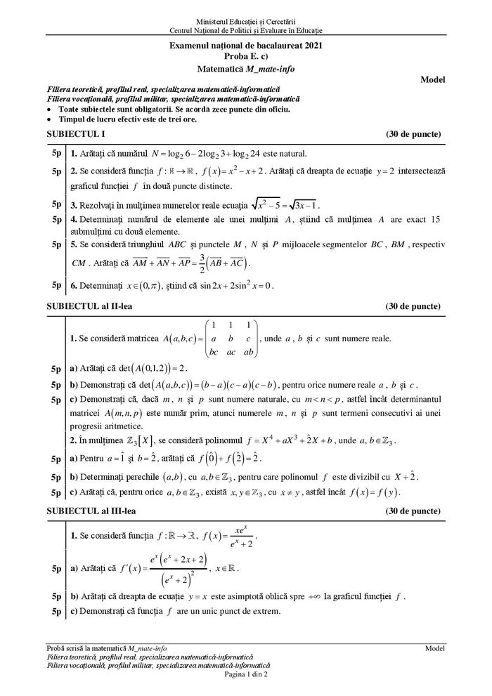 Bacalaureat 2021. Modele de subiecte la matematică pentru BAC 2021 ...