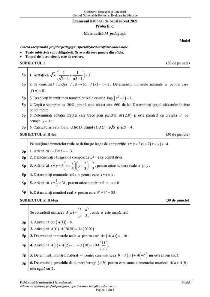 Bacalaureat 2021. Modele de subiecte la matematică pentru BAC 2021 ...