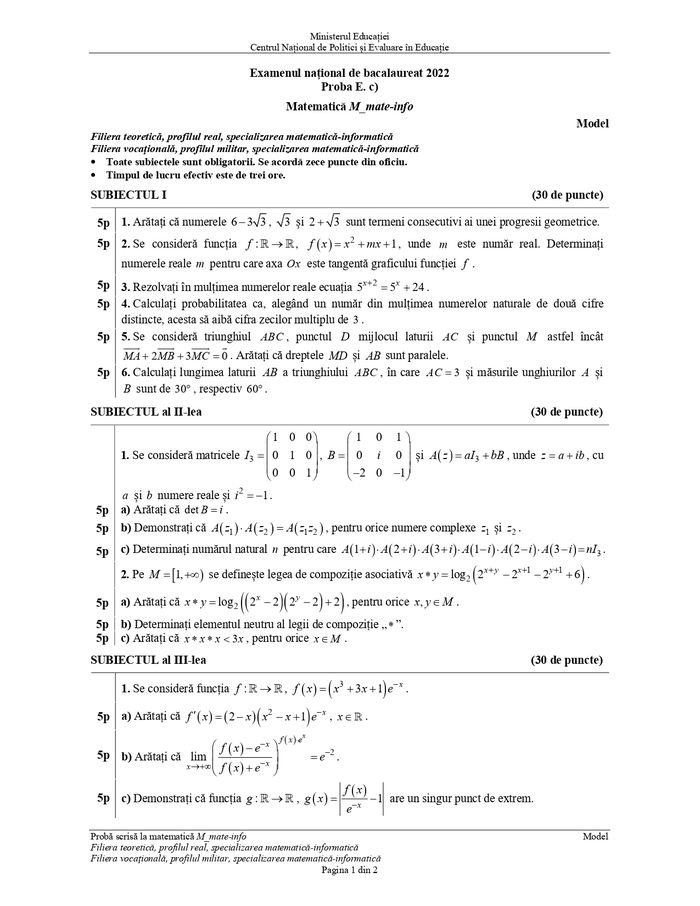 Simulare BAC 2022 matematică. Modele de subiecte publicate de edu.ro la ...