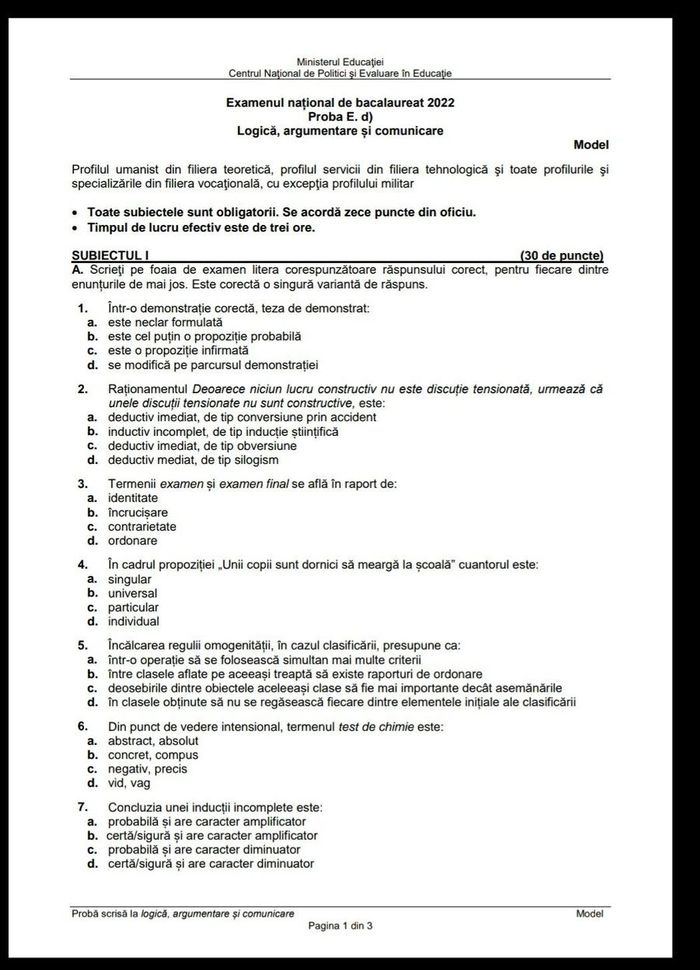 Bacalaureat 2022. Modele de subiecte BAC 2022 Logică, argumentare și ...