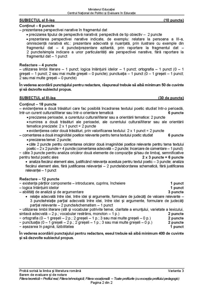 Barem Română BAC 2022, sesiunea de toamnă. Grila de corectare a subiectelor la Română, la a doua ...