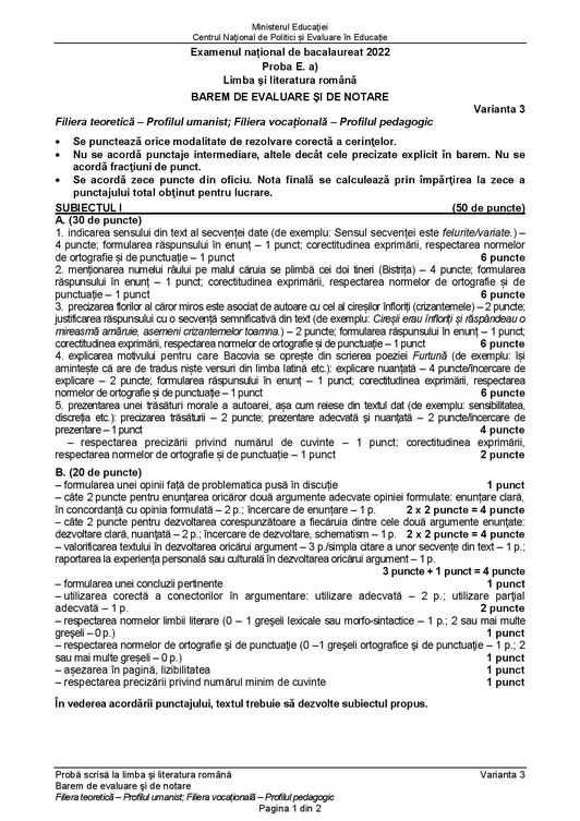Barem Română BAC 2022, sesiunea de toamnă. Grila de corectare a subiectelor la Română, la a doua ...