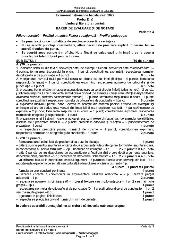 Barem Română BAC 2022, sesiunea de toamnă. Grila de corectare a subiectelor la Română, la a doua ...