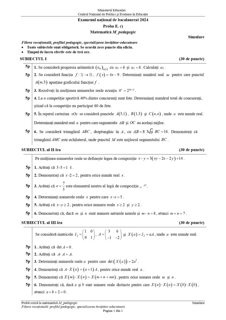 SUBIECTE și BAREM matematică simulare BAC 2024. EDU.RO a publicat ...