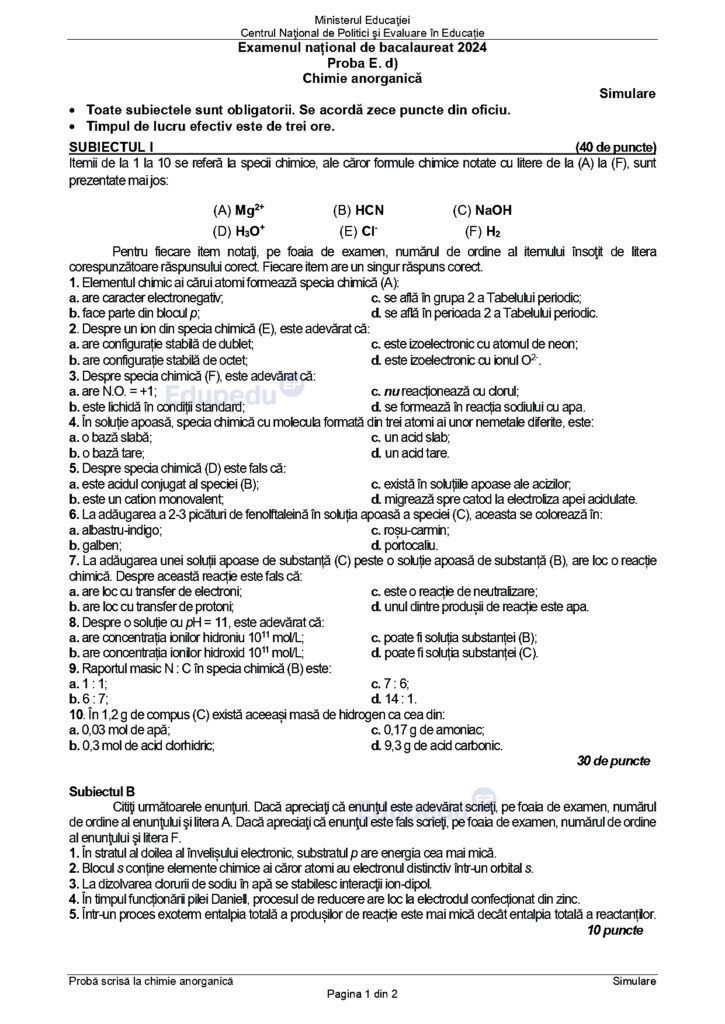 Simulare BAC 2024: Subiectele la Anatomie, Biologie, Chimie, Fizică și ...