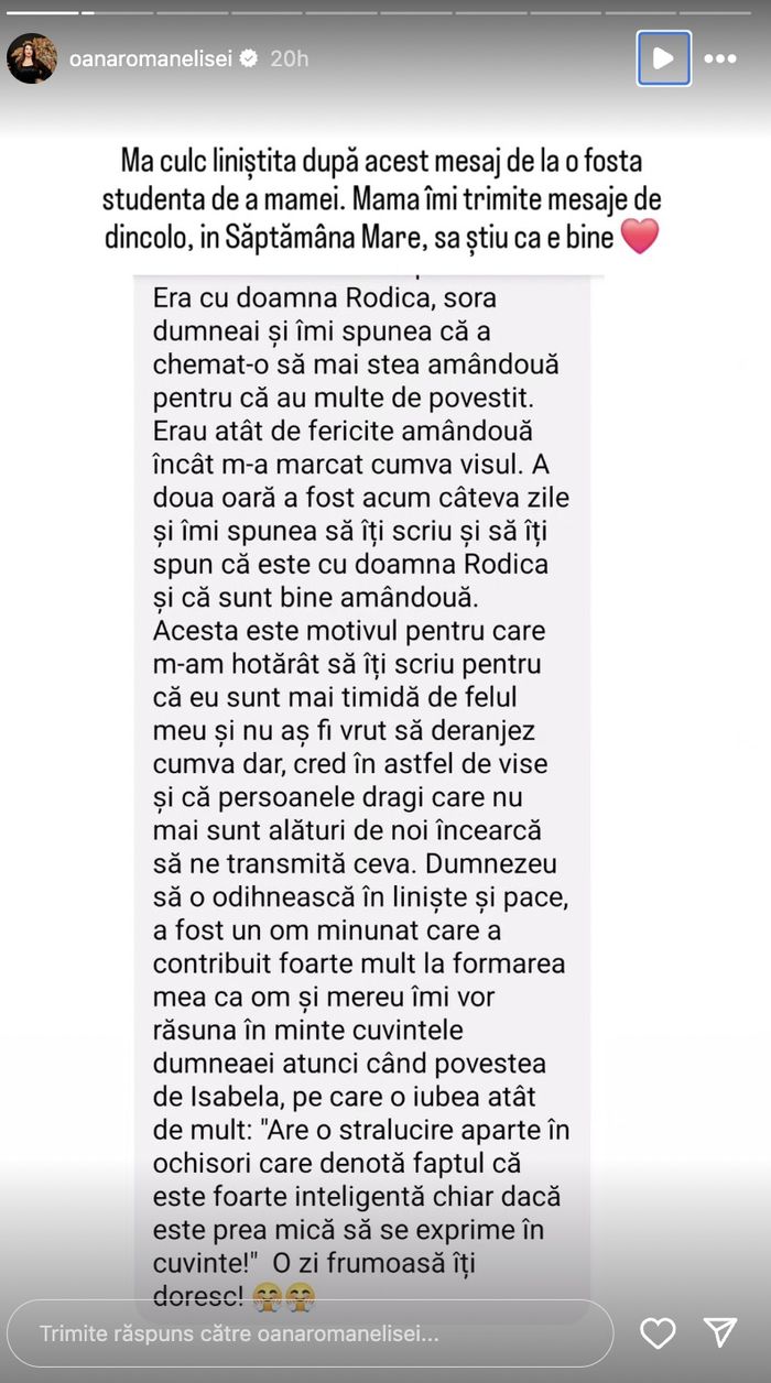 „Mama îmi trimite mesaje de dincolo” Cum a fost visată Mioara Roman, la două luni de la deces ...