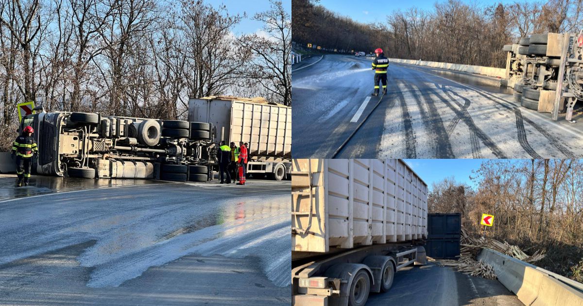 Risc de explozie, după ce un camion s-a răsturnat pe o șosea din ...