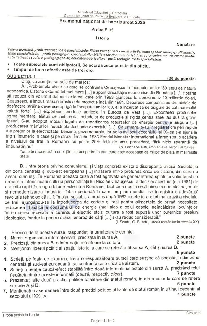 Barem ISTORIE simulare BAC 2025. Subiectele și baremul au fost publicate de Ministerul Educației ...