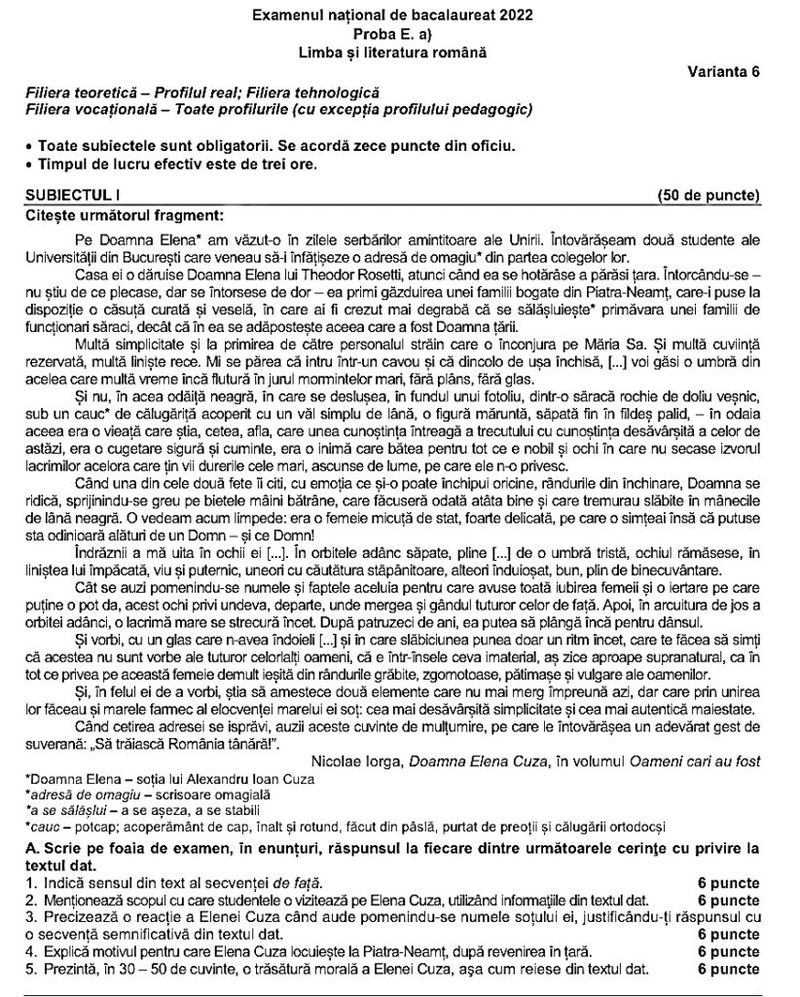 Subiecte și barem Română Bacalaureat 2022. EDU.RO: Ce punctaj au subiectele la Limba Română ...