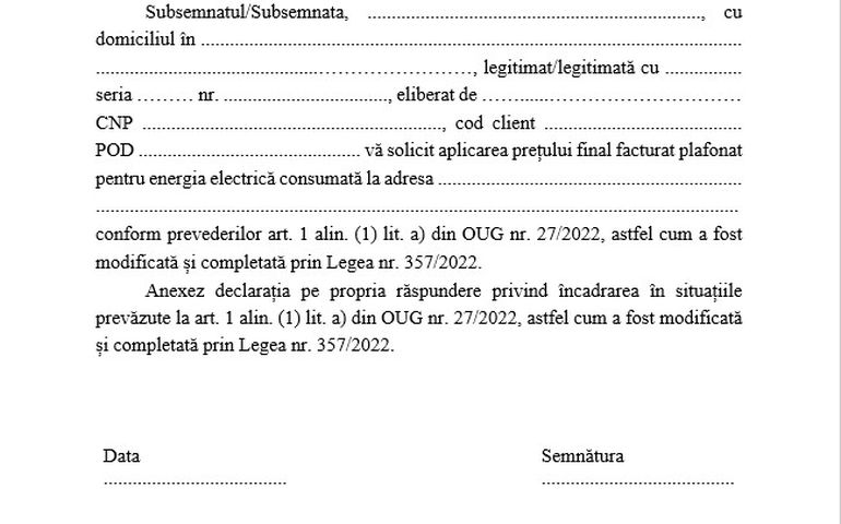 Model cerere și declarație ANRE preț plafonat la energie electrică și ...