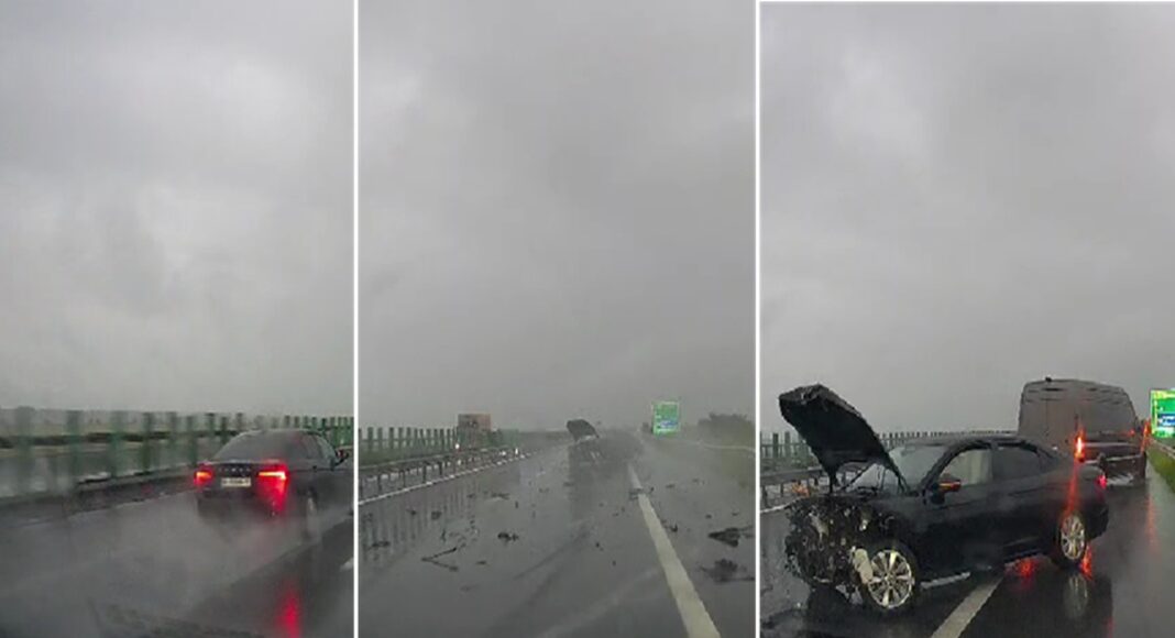 Momentul în care un șofer pierde controlul pe autostrada A3, pe sensul ...