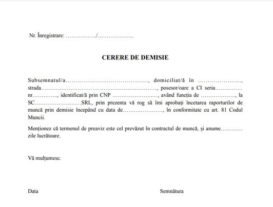 Model de cerere de demisie cu sau fără preaviz. Cum trebuie să arate și ...