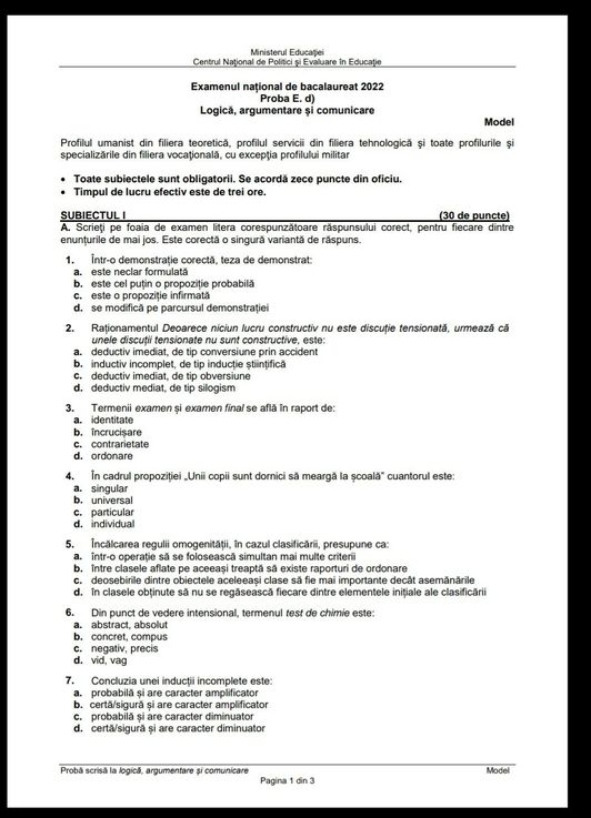Modele subiecte BAC 2022 Logică, argumentare și comunicare. Exerciții ...