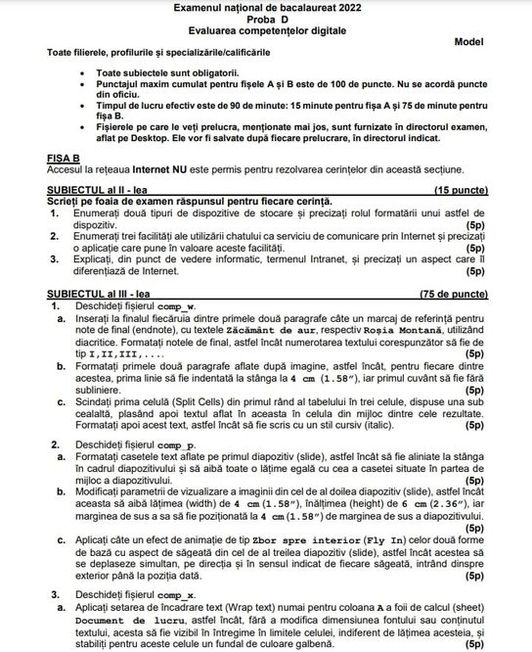 Subiecte competenţe digitale BAC 2022 - Stirile Kanal D