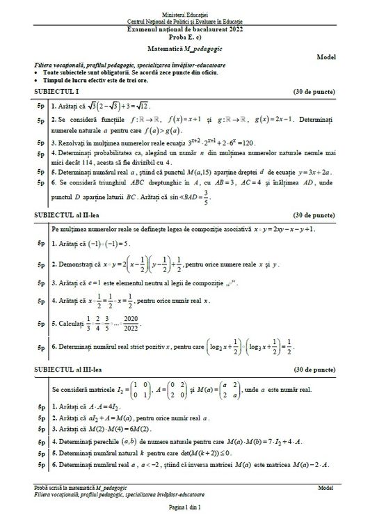 Subiecte Matematică BAC 2022 - M1, M2 şi M3 pentru elevii de clasa a 12 ...