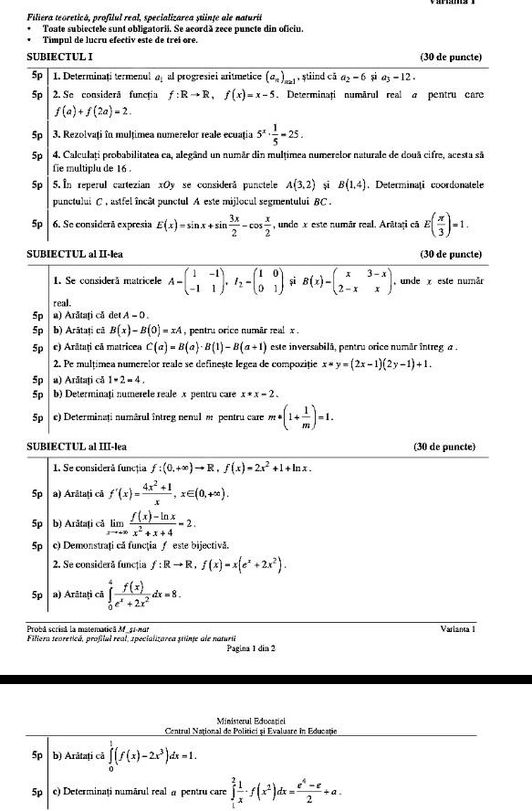 Barem Matematică BAC 2022: Rezolvări şi punctaje pentru profilul mate ...