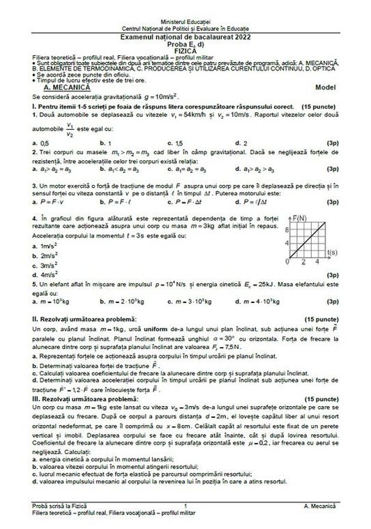 Subiecte Fizică BAC 2022: Ce a picat la Mecanică şi Optică? Baremul de ...