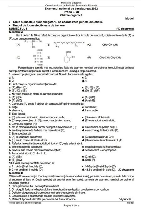 Subiecte Chimie BAC 2022: Ce au primit elevii la Chimie organică şi ...
