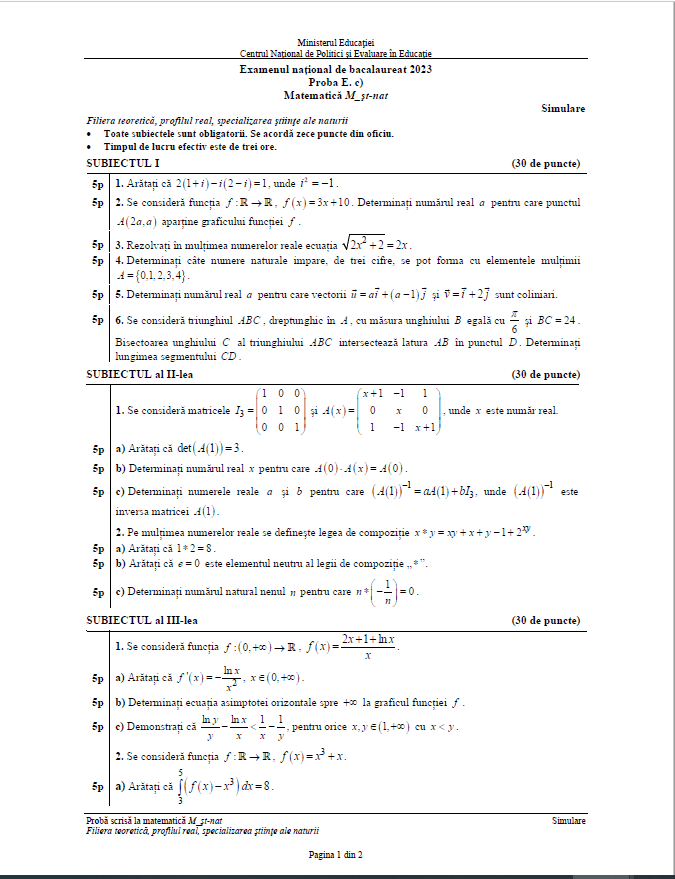 Subiecte simulare BAC 2023 Matematică M1, M2, M3 şi M4. Baremul de ...