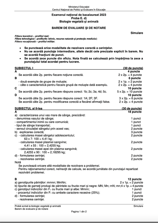 Barem simulare Biologie BAC 2023. Vezi baremul de corectare pentru simularea la Biologie ...