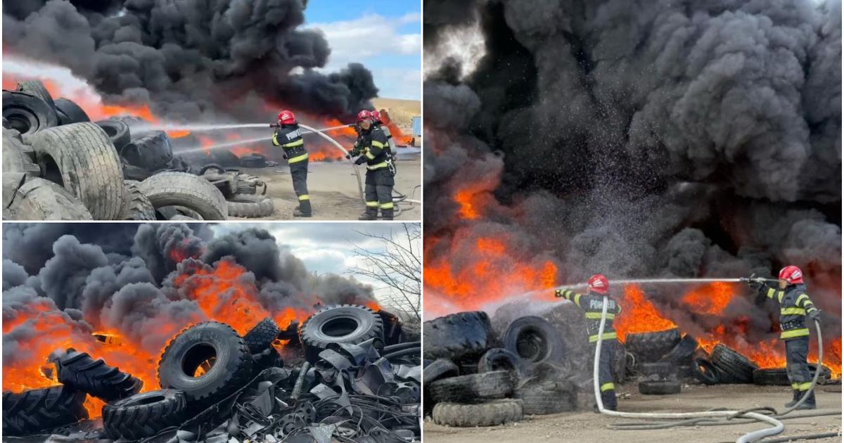 VIDEO Incendiu de proporții la un depozit de anvelope uzate din Tulcea ...