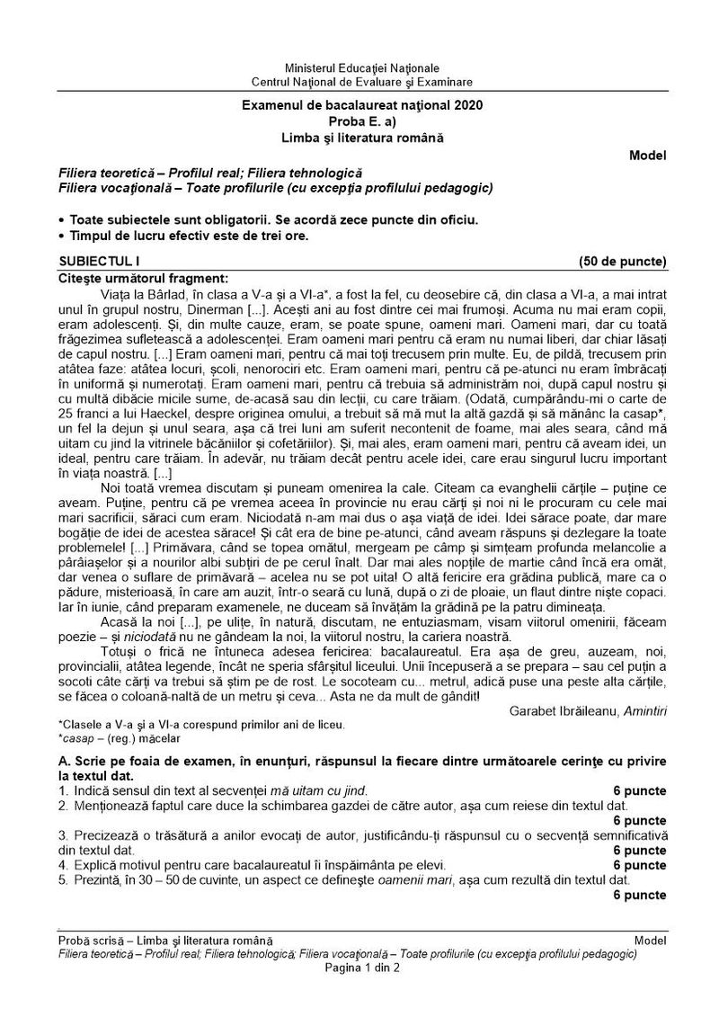 Subiecte Română BAC 2020: Profil real - Varianta 5 - Stirile Kanal D