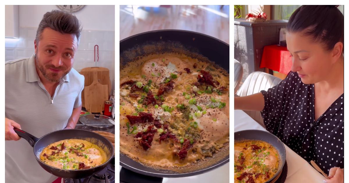 „Ouă caramelizate în smântână, pesto, brânză feta și roșii uscate ...