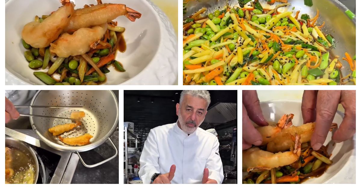 Creveți tempura pe pat de legume și edamame cu sos de soia, rețeta ...
